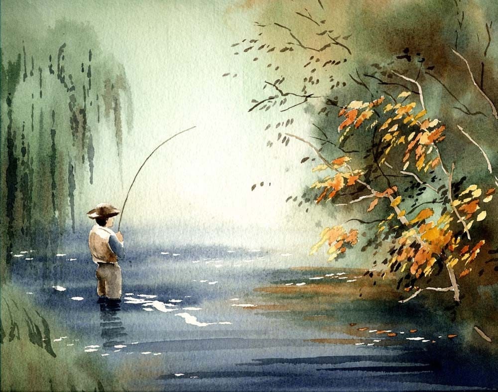 Fly Fishing Art Print FALL FISHING Signed by by k9artgallery