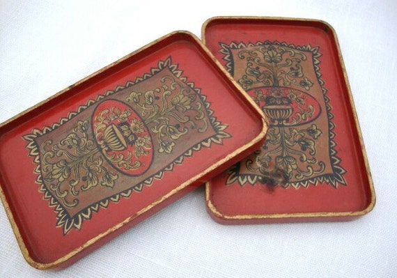 2 Vintage Japanese red lacquer tea trays small