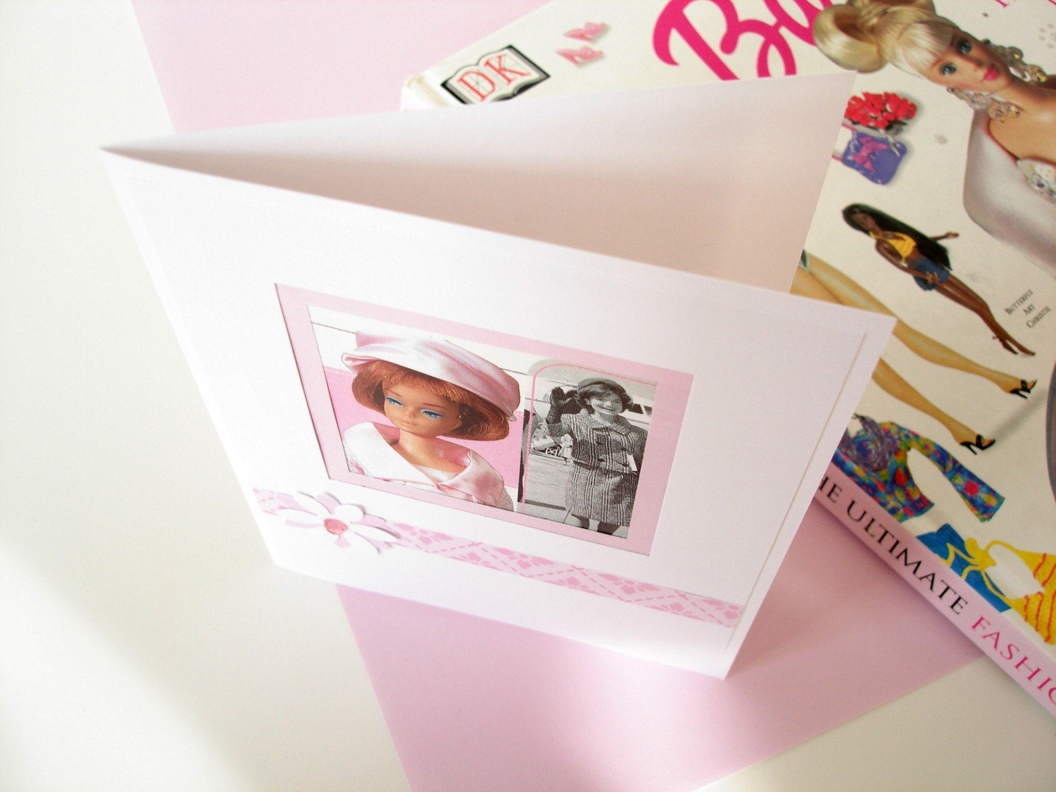 Handmade upcycled Barbie note card and envelope by SisBoomBaa