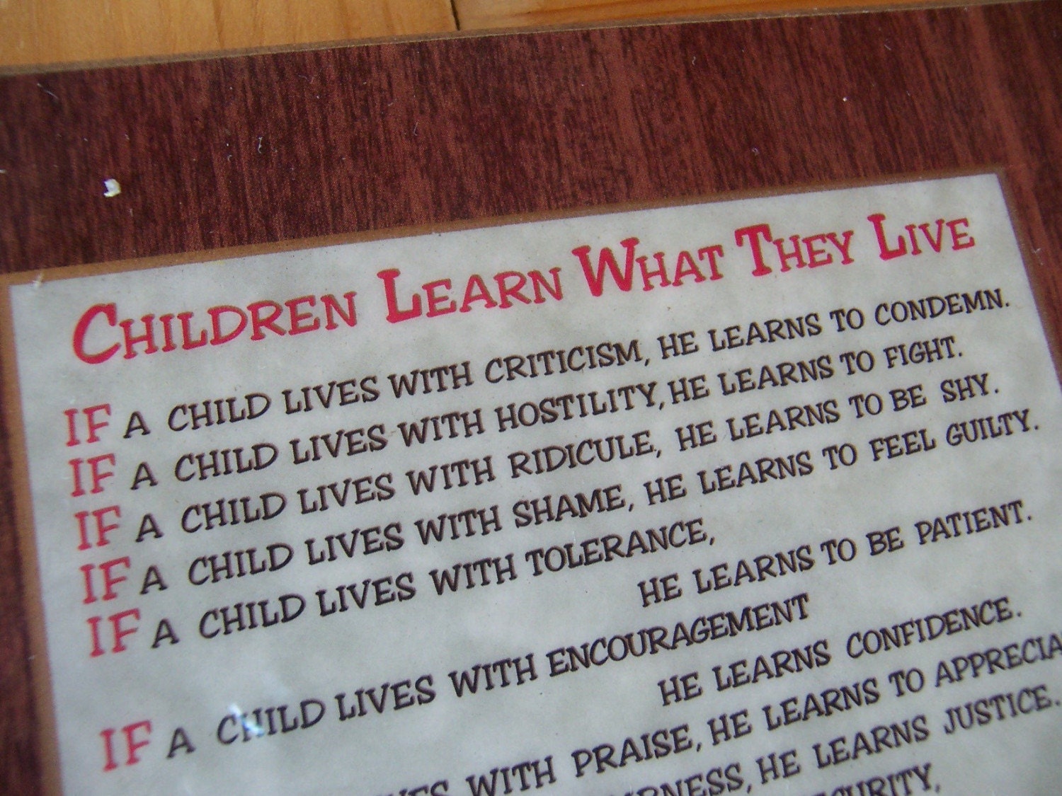 children learn what they live plaque