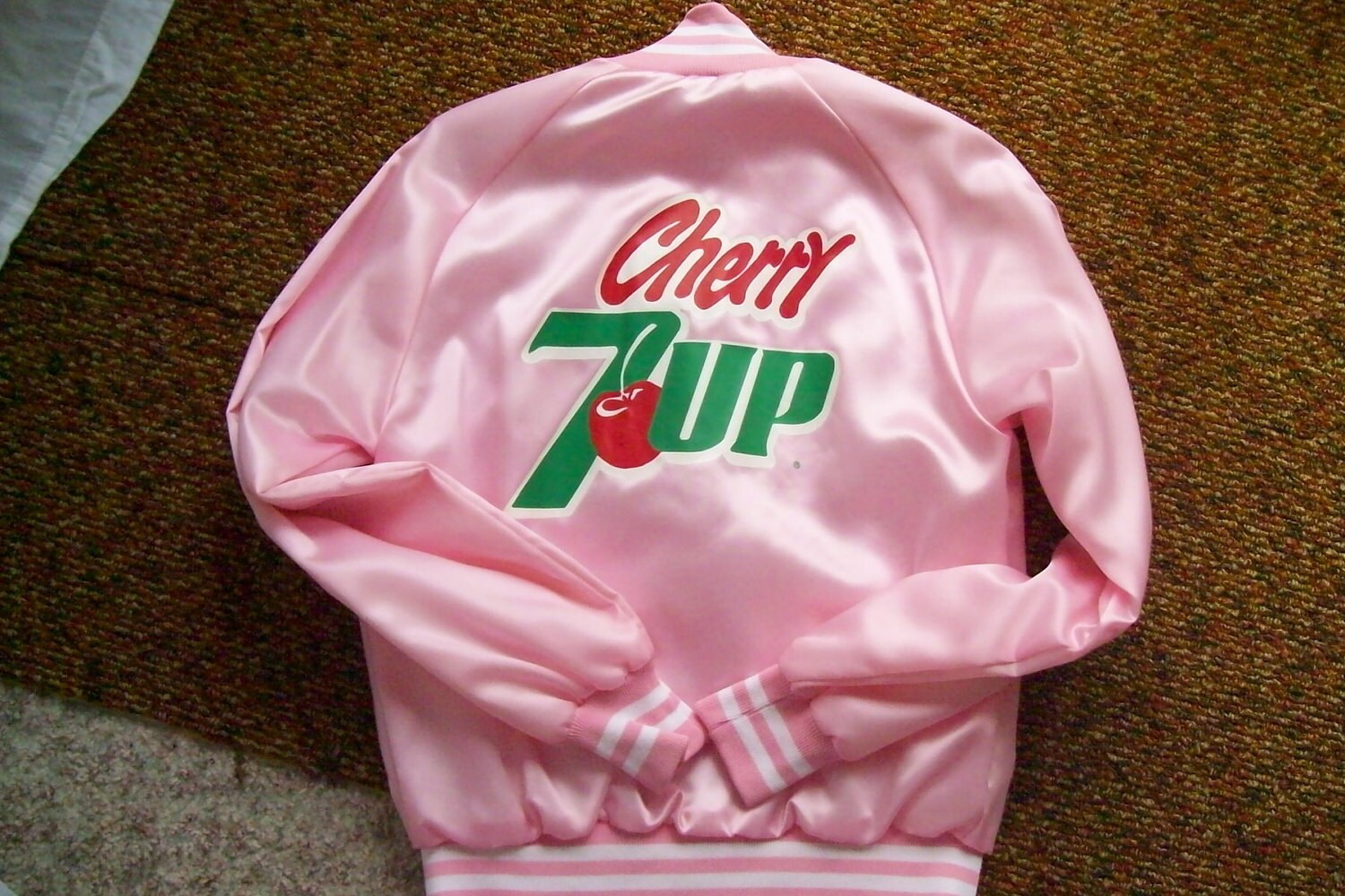 Cute and Fun Cherry 7Up Logo Vintage Pink Satin Jacket