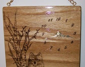 Items similar to Woodburning Pyrography Wall Hanging Clock with Wolf ...