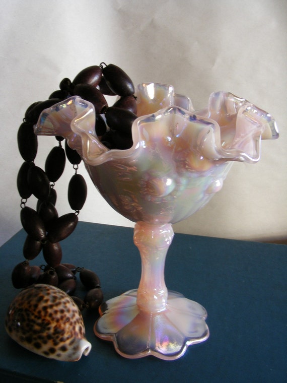 Vintage Fenton Pink Carnival Glass Footed Compote By Riverbazaar