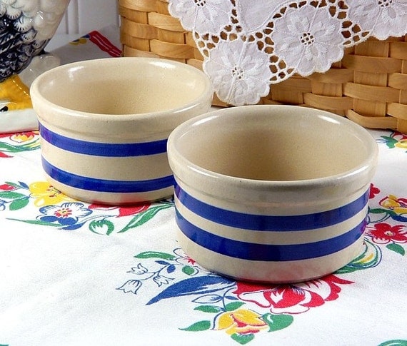 Vintage Blue Stripe Pottery Bowls . Crock . Crockery . from