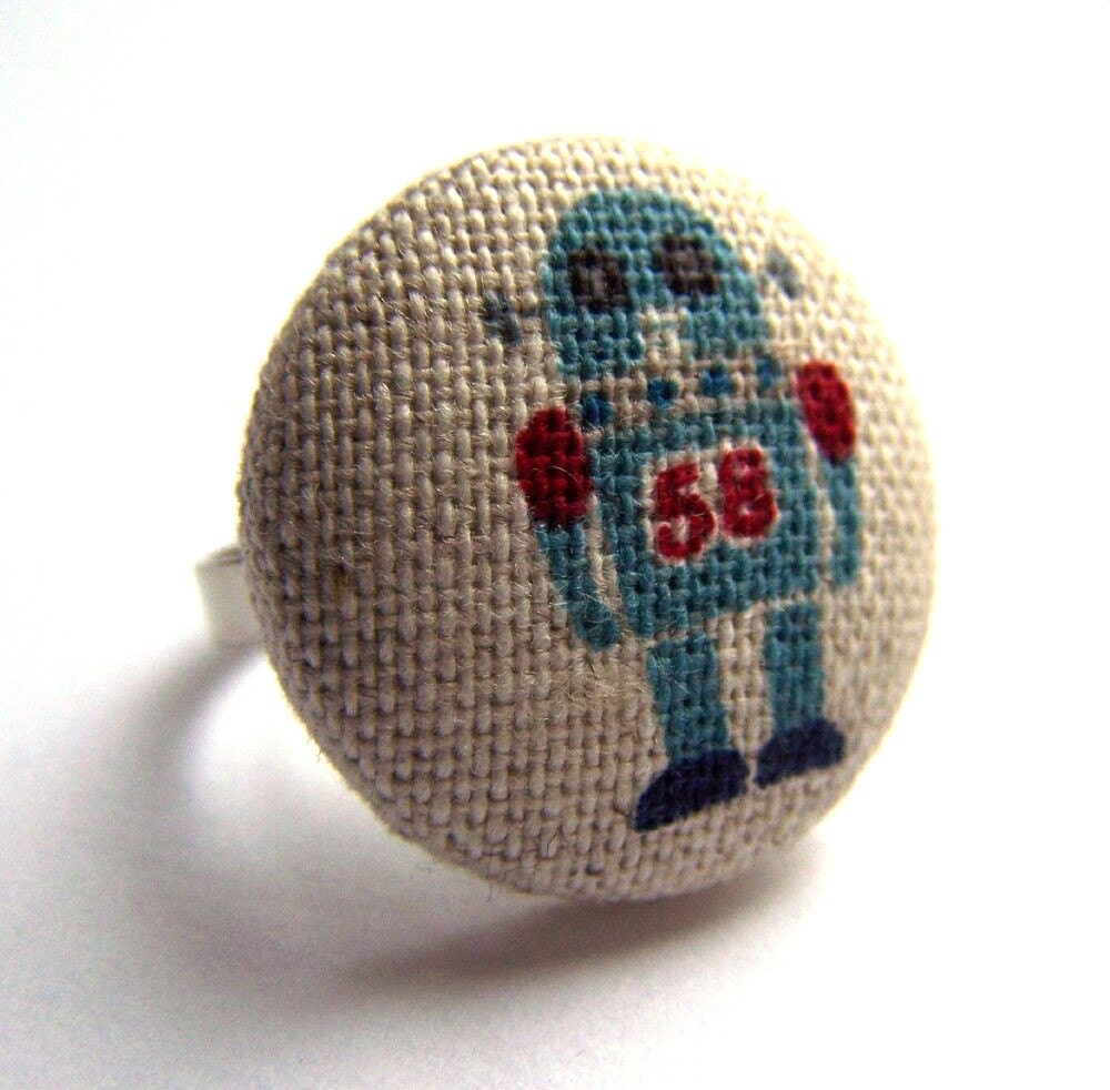 Robot Ring Adjustable Ring with a Retro Robot Fabric Covered