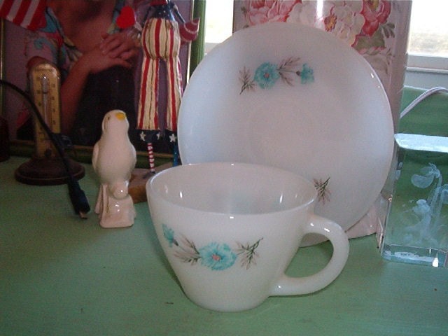 Vintage Fire King Ware Bachelor Button Flowers on White CUP AND SAUCER ...