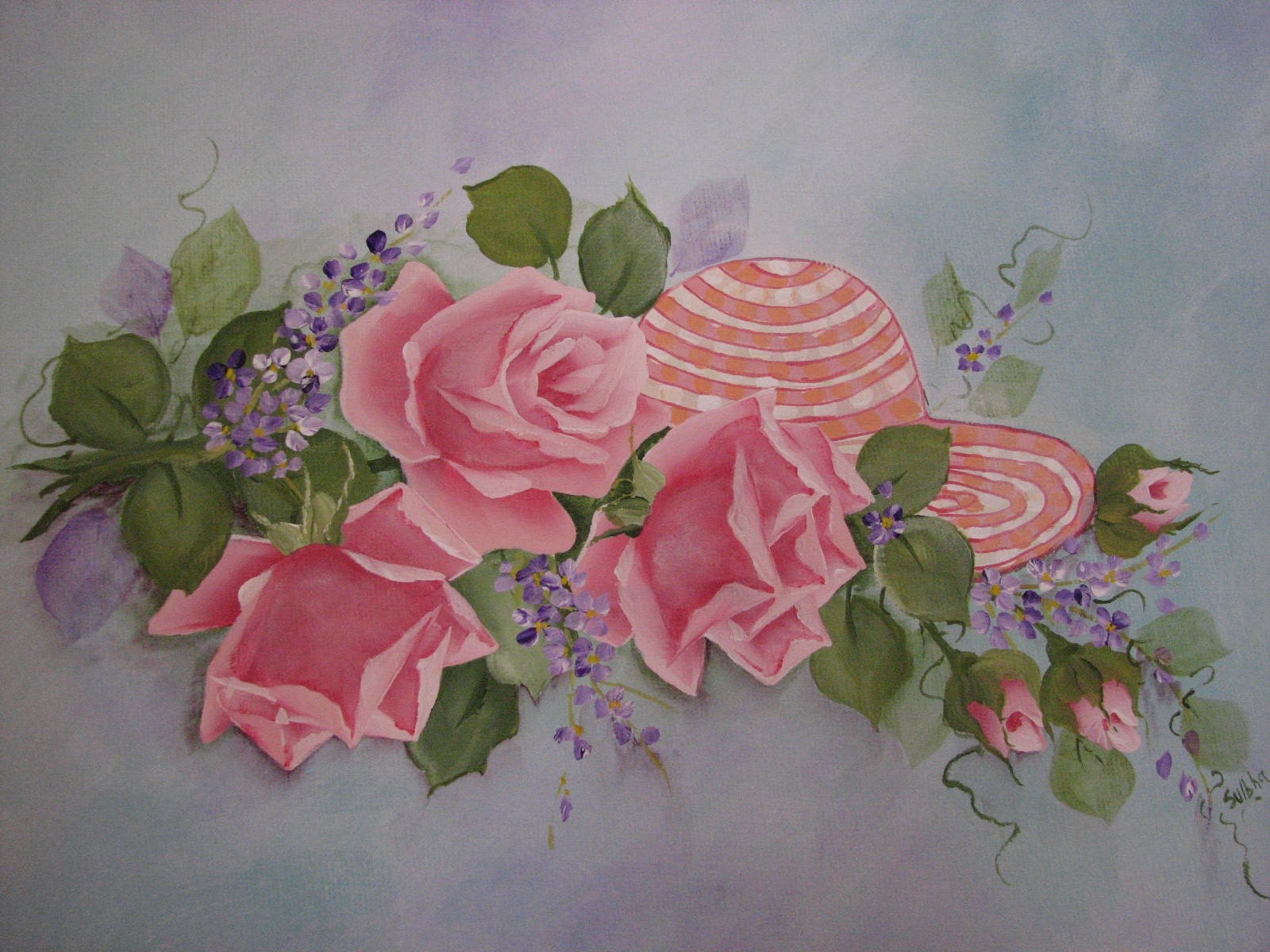 Hand Painted Pink Roses Hat Canvas Panel Painting Wall Decor