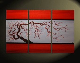 Silver Modern Painting Triptych Cherry Blossom Art by NathalieVan
