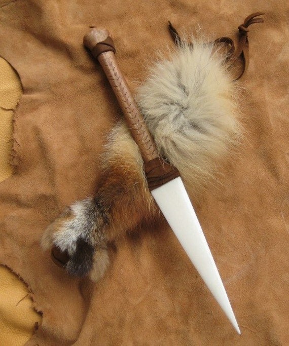 Bone athame knife with fox fur and leather sheath