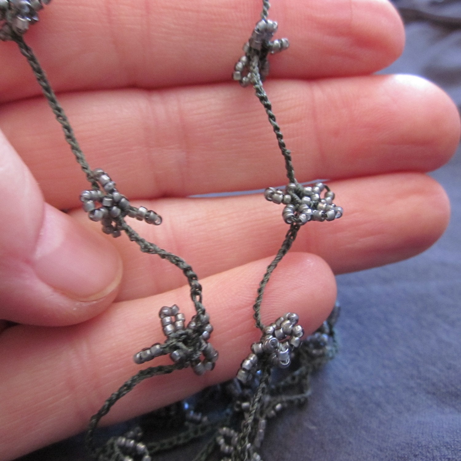 Daisy Chain beaded crocheted necklace in shimmery gray by TrueJune