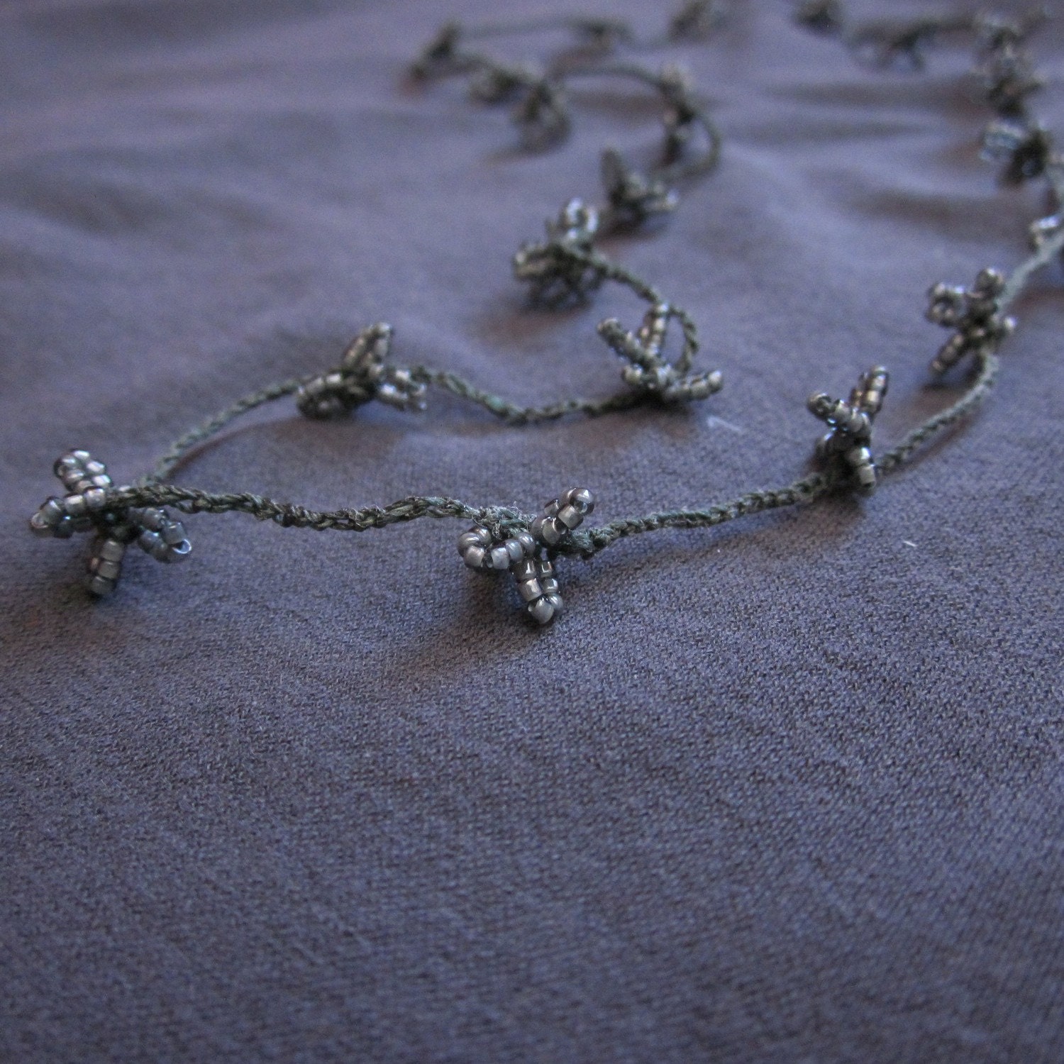 Daisy Chain beaded crocheted necklace in shimmery gray by TrueJune