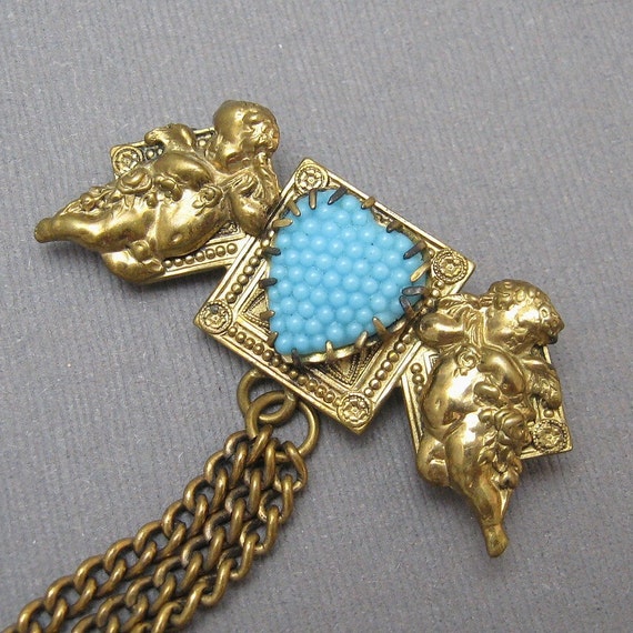 Vintage Brooch Chatelaine Pin Brass Cupid Heart P1903