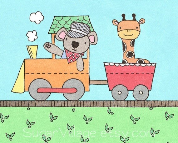 Items similar to Koala and Giraffe on Train Print on Etsy