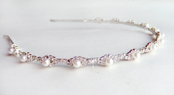 Rhinestone And Pearl Bridal Headband Silver Metal Band