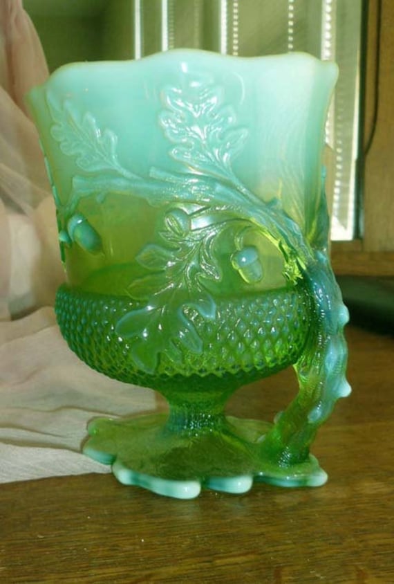 Mosser Glass Green Opalescent Acorn Pattern Spooner