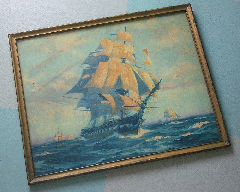 1927 Gordon Grant Framed Lithograph of the Frigate Ship Old