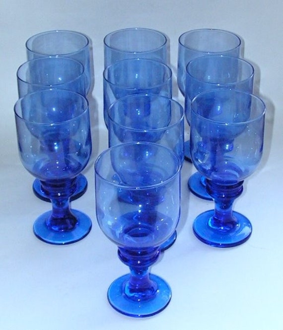 Vintage Blue Glass Goblets Set Of Ten Large Stem Glasses