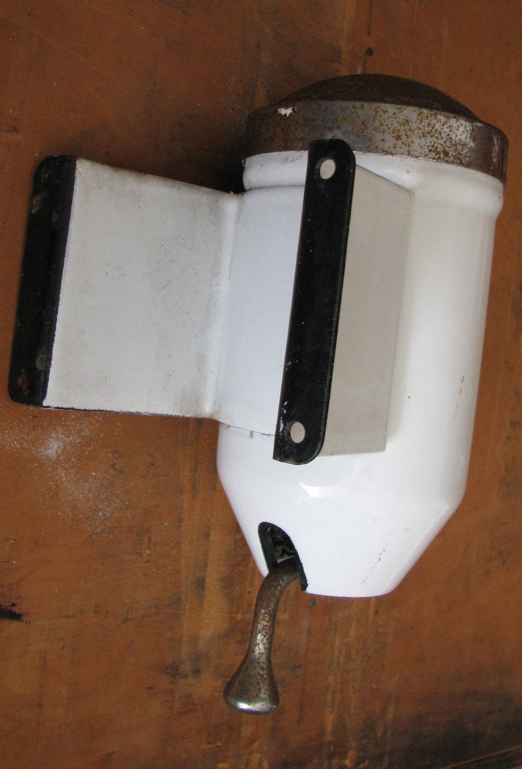 Antique BORAXO porcelain and steel hand soap dispenser.