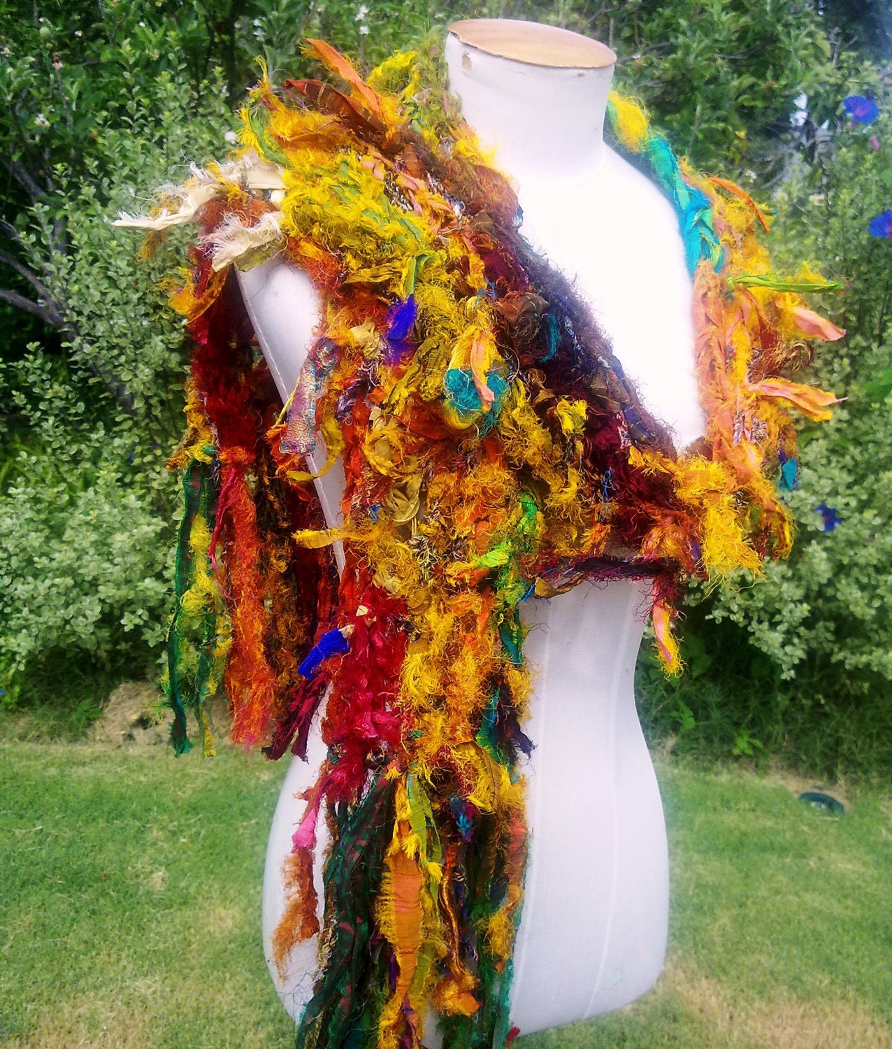 Recycled Sari Silk Sunshine Silk Ribbon Scarf Hand by plumfish