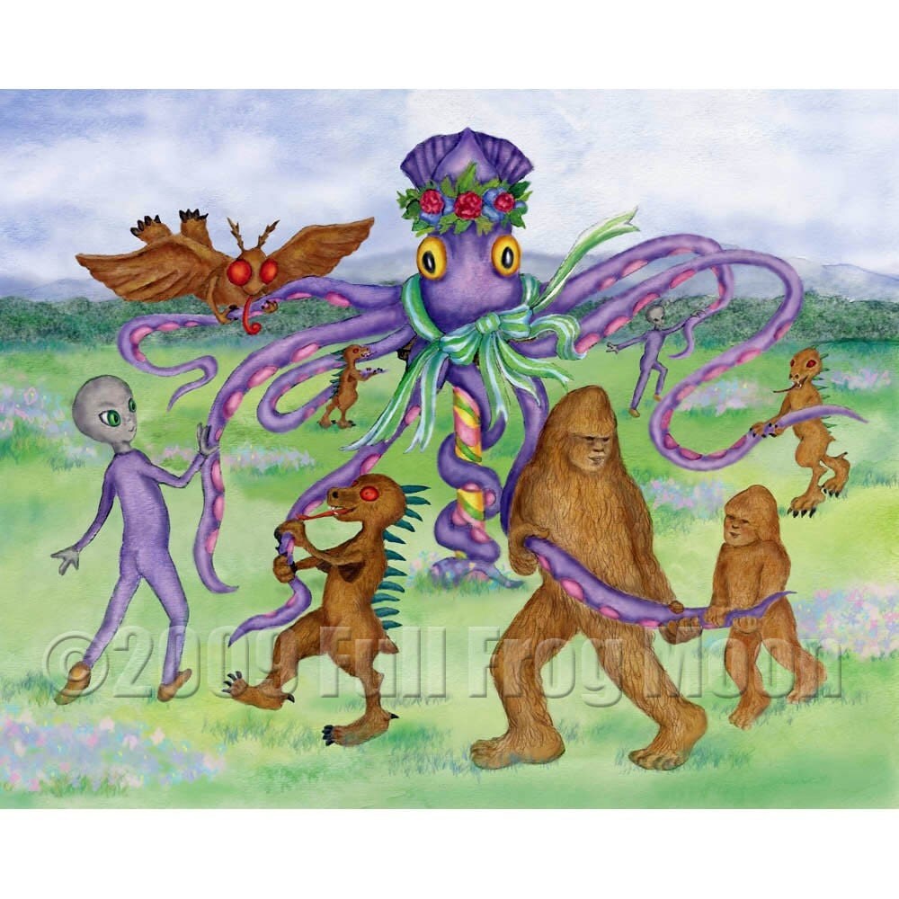 Cryptids and Aliens Dance around the Maypole Print