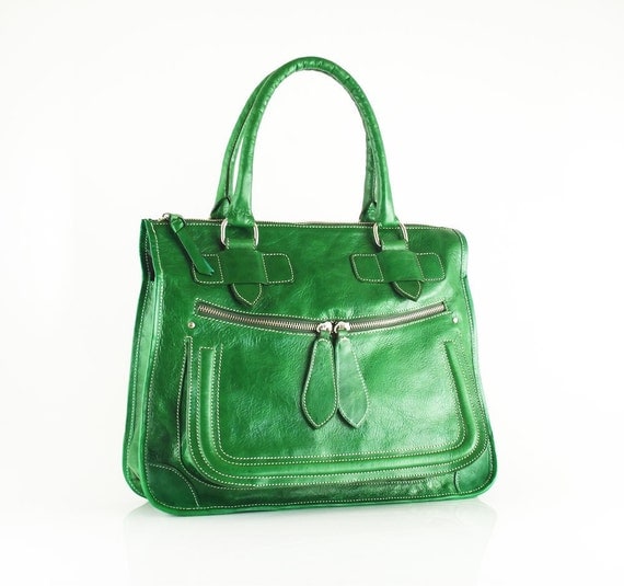 Green Leather Tote Handbag | semashow.com