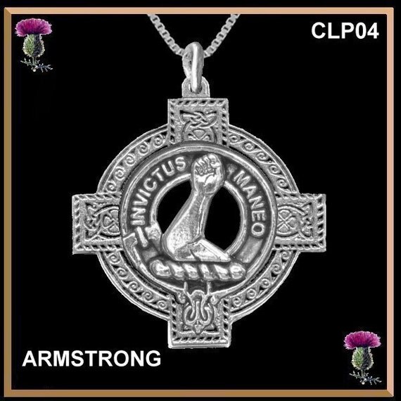 Armstrong Clan Crest Celtic Cross Pendant Sterling Silver
