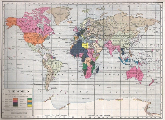 Vintage 1931 Color Map of the World and Europe