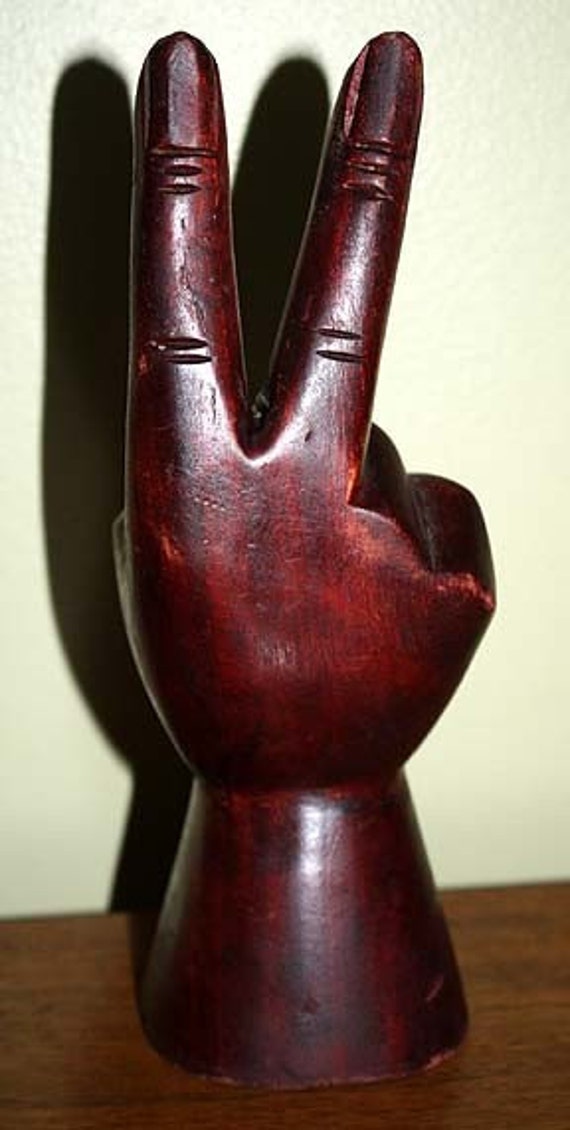 Vintage antique wood Peace Sign Hand carved fingers