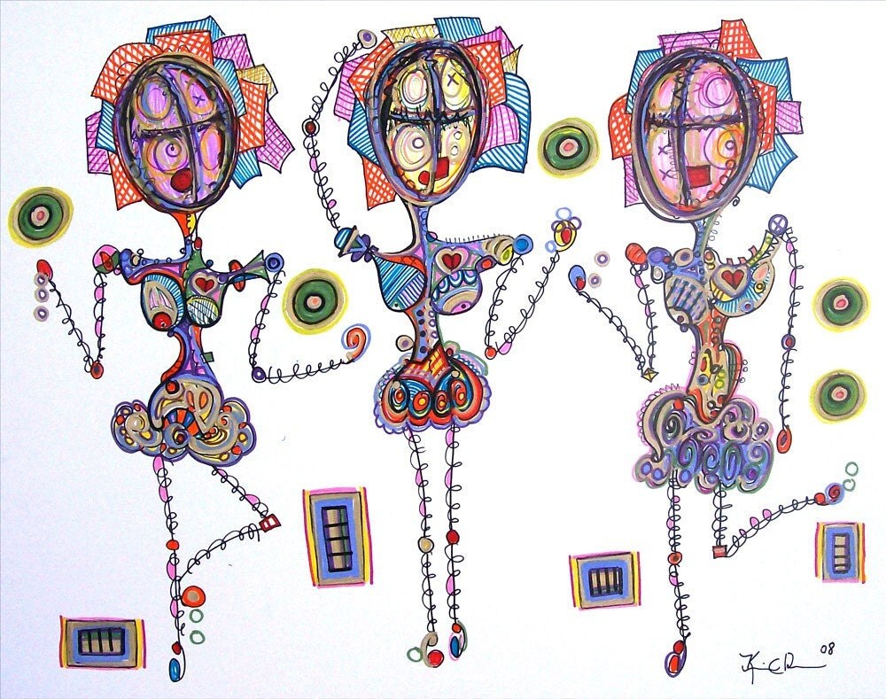 Sweet Girls STICK PEOPLE Abstract Drawing Painting Art by