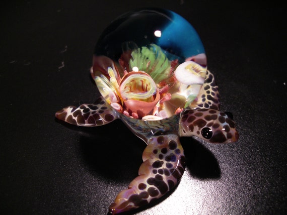 Coral Reef Marble on a Turtle Stand glass art handmade