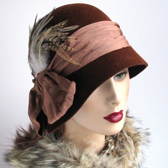 Brown cloche hat with feathers and textured ribbon by KatarinaHats
