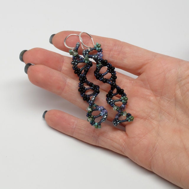 DNA Beaded Earrings in Blue Black Green with Sterling Silver
