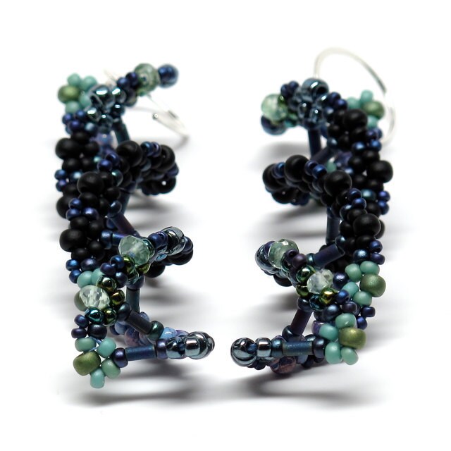 DNA Beaded Earrings in Blue Black Green with Sterling Silver