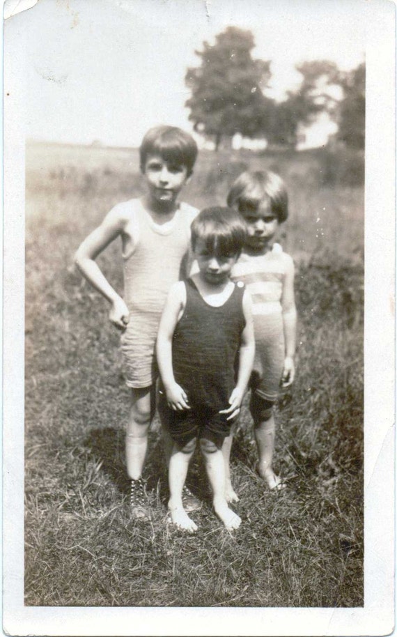 Somber Kids vintage photo 3 boys in swimsuits