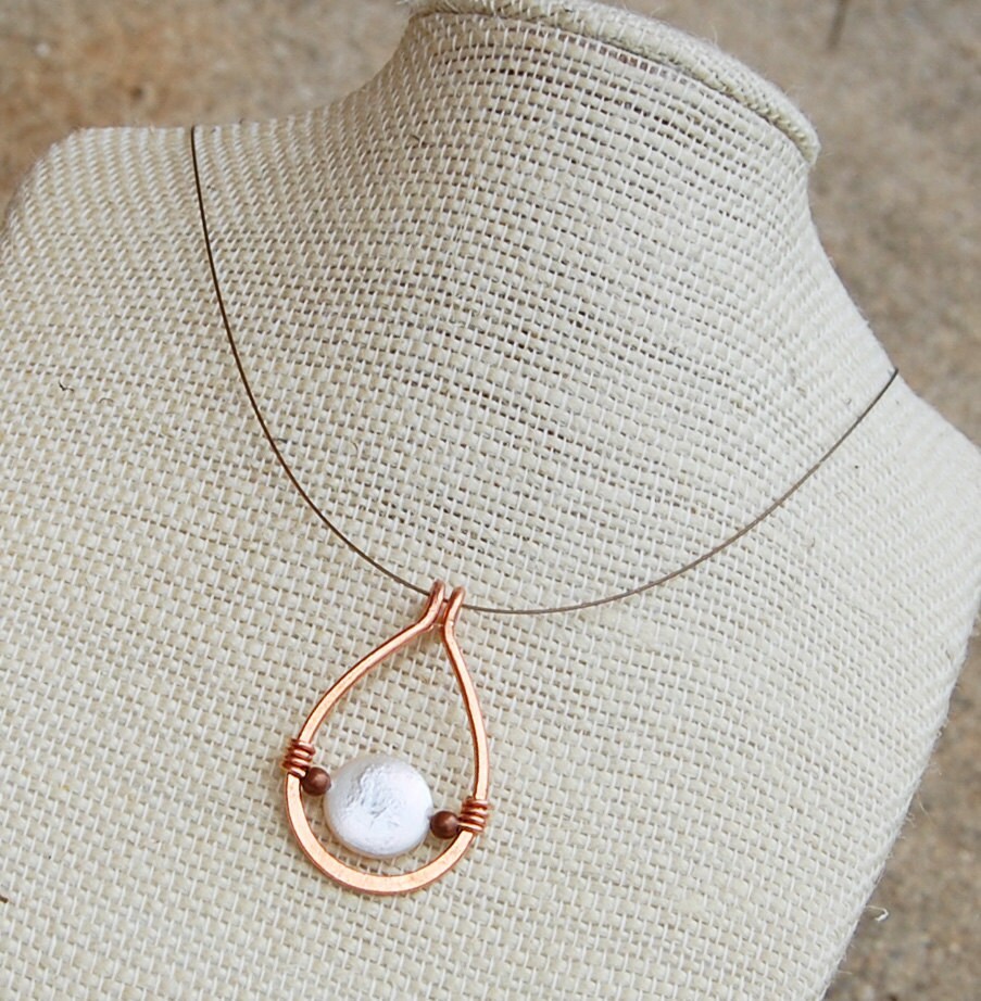 Copper Necklace. Minimalist. Copper. Coin. Pearl. Drop. Wire