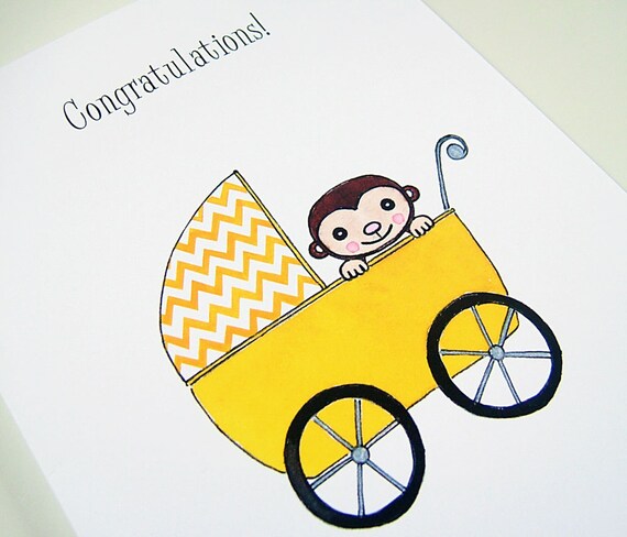 Items similar to Stroller Monkey New Baby Congratulations Greeting Card ...