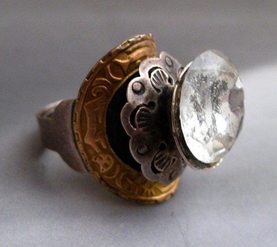 Antique Peruvian Sterling and 18K Gold Crystal Adjustable Ring