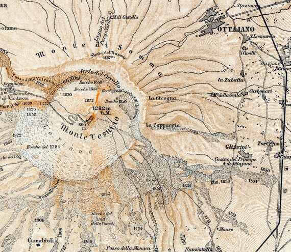 1894 German Antique Map of Mount Vesuvius Italy
