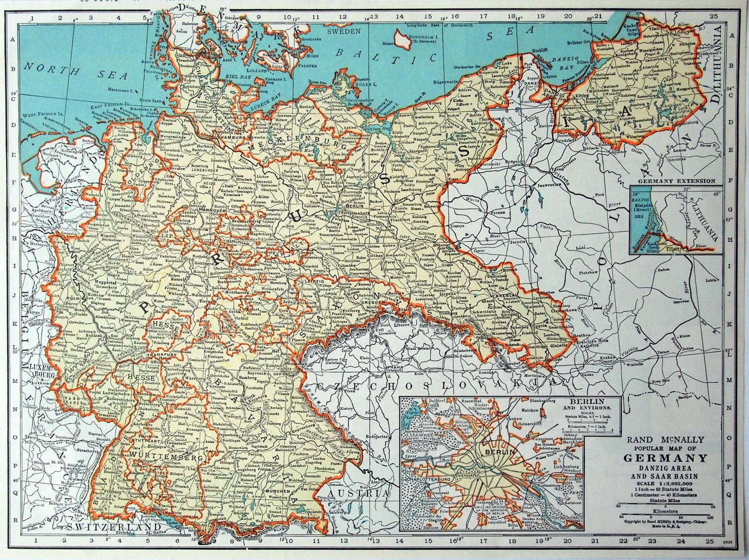 1937 Vintage Map of Germany Danzig Area and Saar Basin