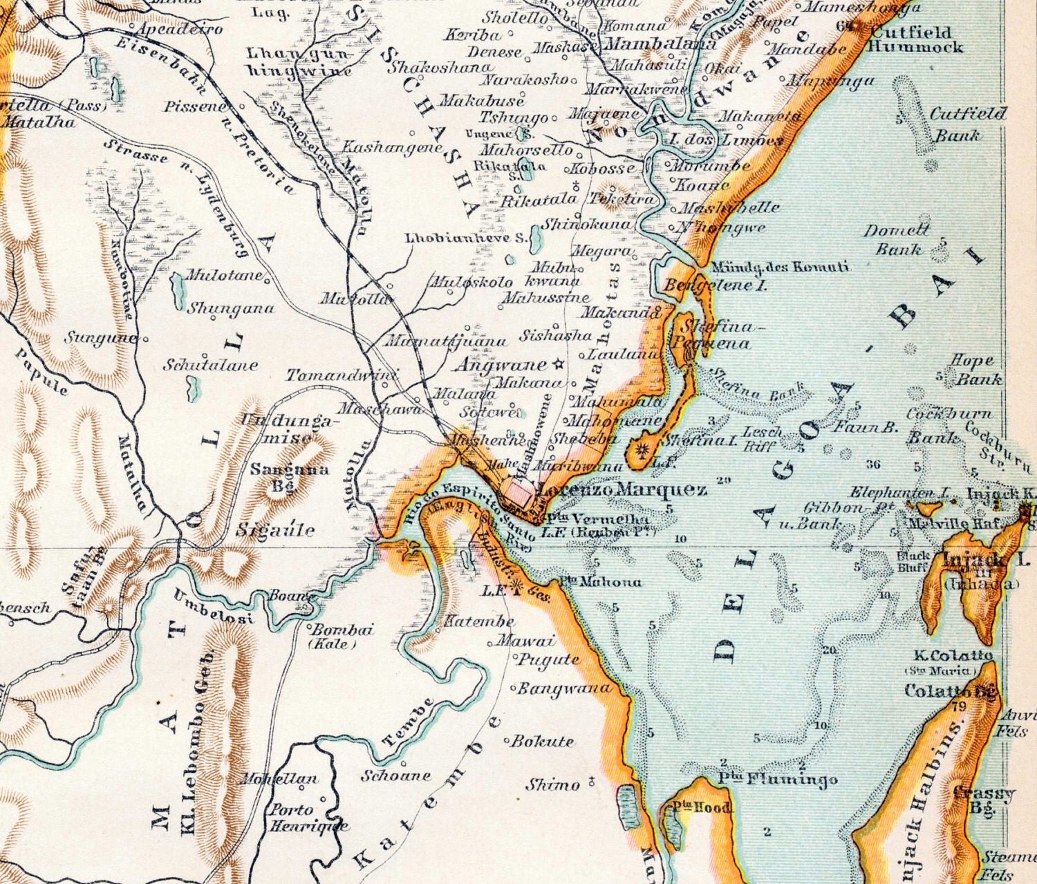 1894 German Antique Map of Delagoa Bay Maputo Bay and
