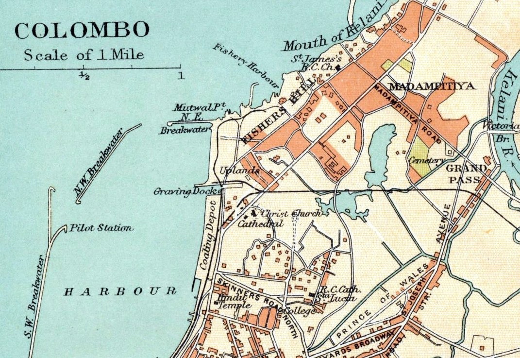 1924 Small Vintage City Map of Colombo Ceylon Sri Lanka