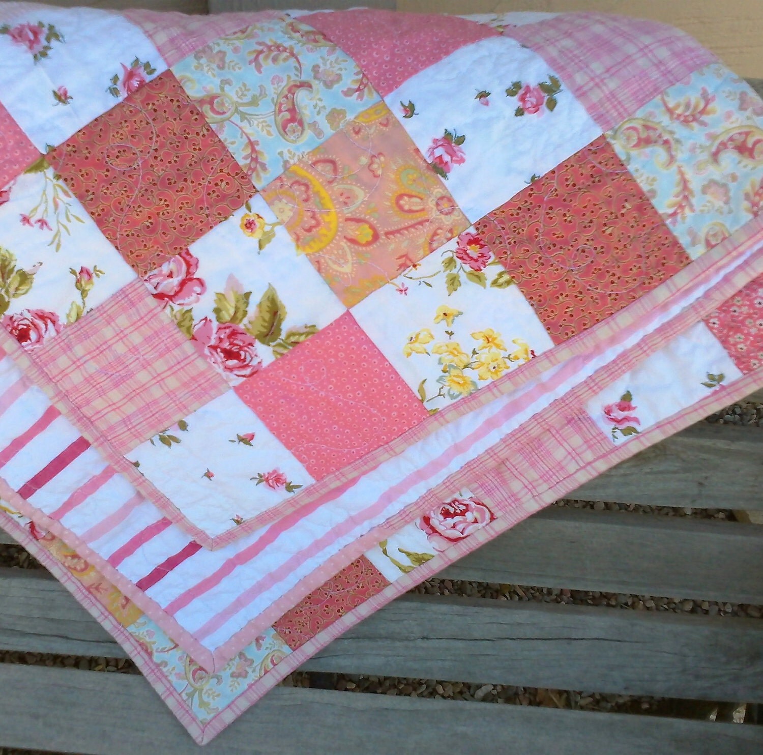 Handmade Patchwork Baby Quilt Pink Floral by LizTaylorHandmade