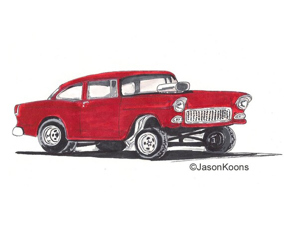 Items similar to Red Chevy Gasser Drawing Print, 8x10 Retro Car Art ...