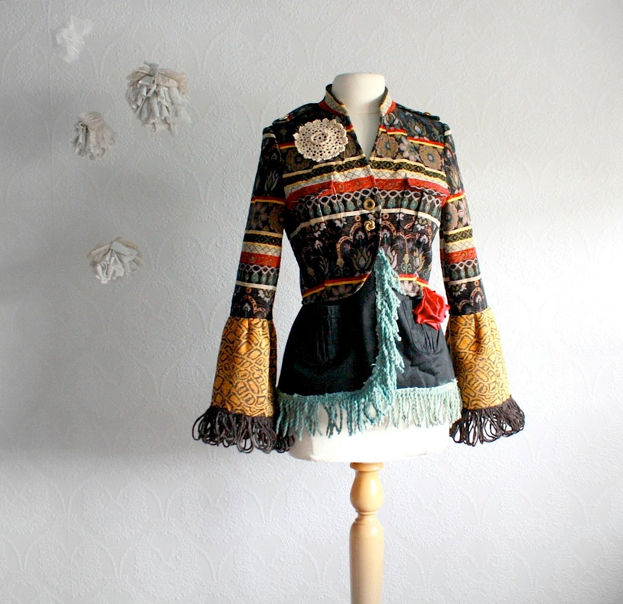 Women's Bohemian Fringe Jacket Black Multicolor Tapestry