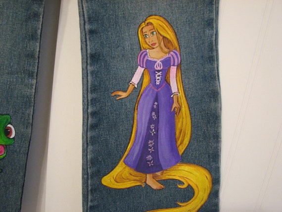 Custom Painted Disney Tangled Rapunzel Jeans Capri or shorts
