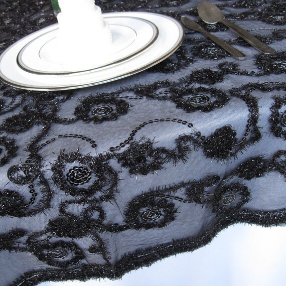 Items similar to Sequin Tulle Lace Wedding Table Overlay - Black on Etsy