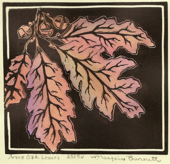 ANNIE OAK LEAVES ORIGINAL LINO PRINT ARTS AND CRAFTS by margieann