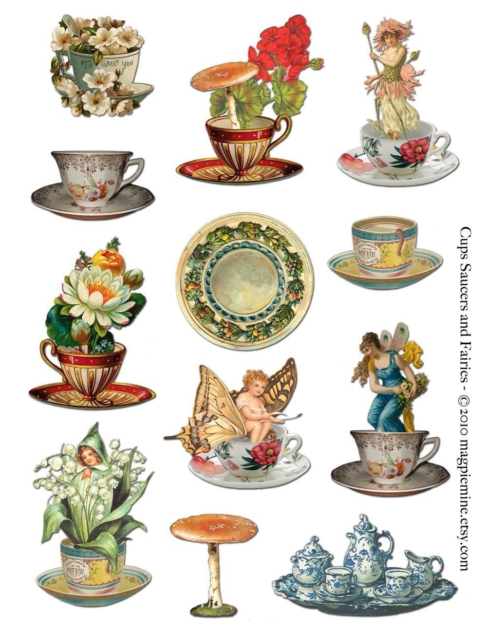 Tea Cups Saucers and Fairies Collage Sheet Digital Download