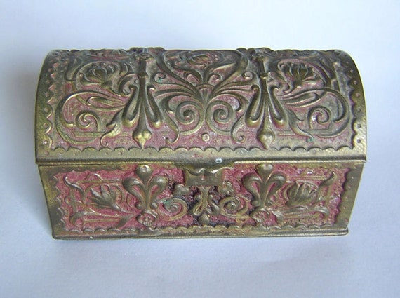 19thC Gothic Bronze Box Domed Treasure Chest Jewelry Box