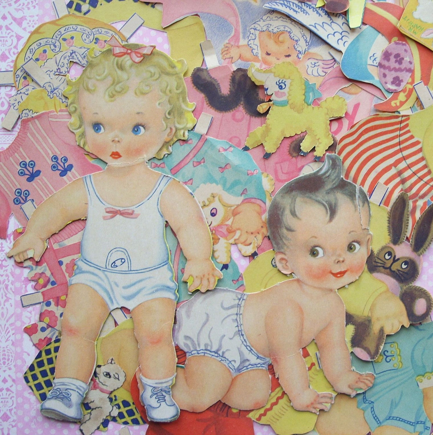 Vintage Baby Boy and Little Girl Paper Doll and Clothes Lot